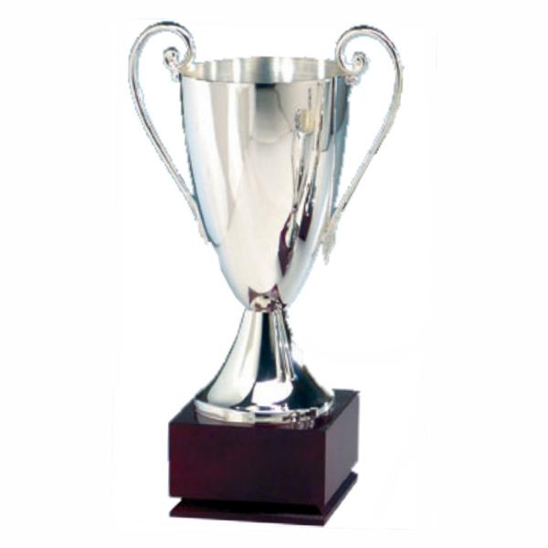 ST105. SILVER PLATED TROPHY-MAHOGANY BASE