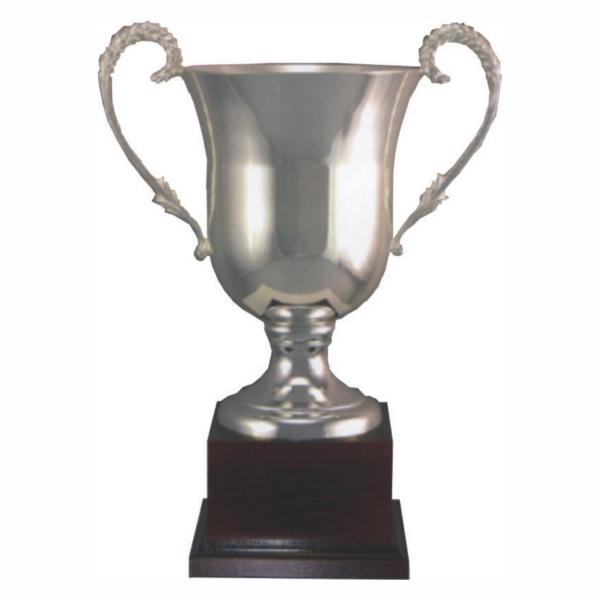 ST405. SILVER FINISH TROPHY-MAHOGANY BASE